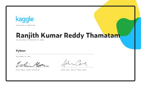 ranjith kumar reddy thamatam completed the python course on kaggle