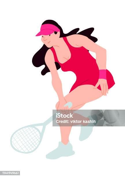 테니스 선수 테니스 스포츠 여자 플랫 스타일입니다 빨간 드레스 운동에 소녀입니다 전단지 배너 스포츠 이벤트 포장 스포츠 상품에 사용 됩니다 벡터 일러스트 레이 션 고립 된