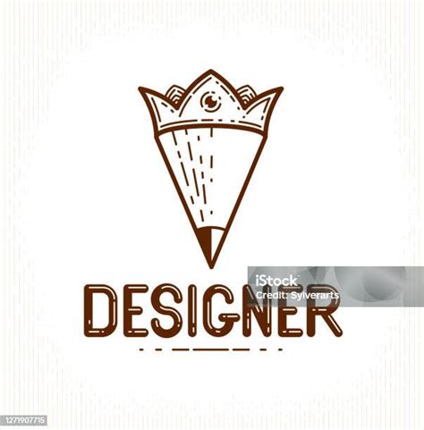크라운 벡터 간단한 트렌디 로고 또는 디자이너 또는 스튜디오 크리에이티브 킹 로얄 디자인 선형 스타일과 결합 된 연필 개념에 대한 스톡 벡터 아트 및 기타 이미지 Istock