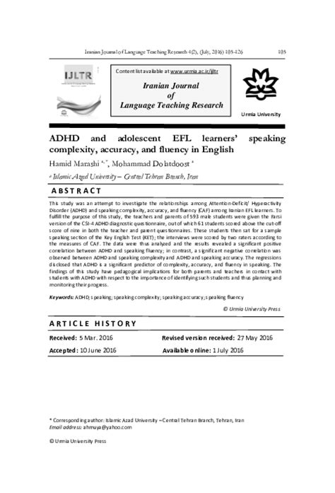 Pdf Adhd And Adolescent Efl Learners Speaking Complexity Accuracy