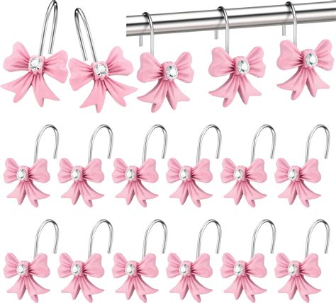 Croblissful 12 Pcs Pink Bow Decorative Shower Curtain Hooks