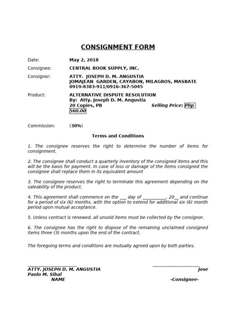 Consignment Form Blank Pdf