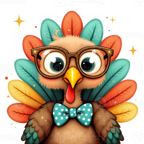 A Cute Cartoon Turkey Is Adorned With Large Blue Glasses And A Red