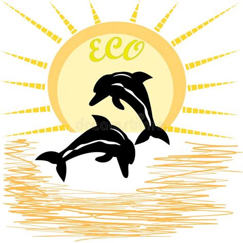 Dolphins Jumping In Sea Waves Against The Sun Stock Illustration