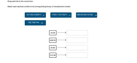 Match Each Decimal Number To Its Corresponding Binary Or Hexadecimal Numb