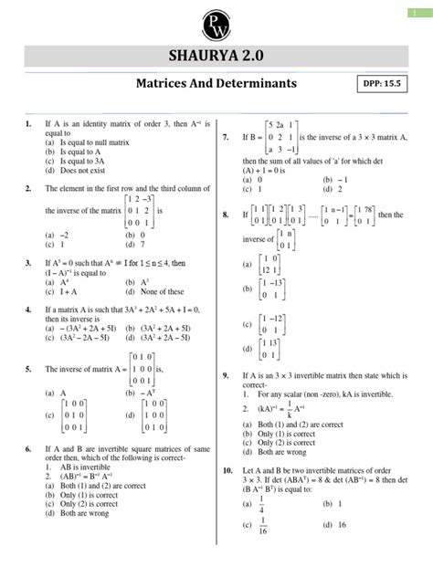 matrices and determinants dpp 15 5 shaurya 2 0 pdf matrix