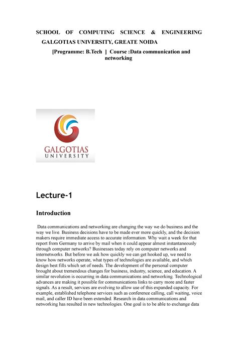 Data Communication And Networking Lecture Galgotias University SCHOOL OF COMPUTING SCIENCE