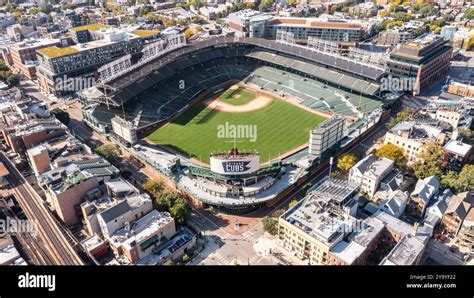 An Aerial View Of Major League Baseballs Chicago Cubs Wrigley Field