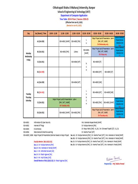 Time Table Bca Vi Sem2024 25 V1 With Names Of Faculty Mentors Mentor