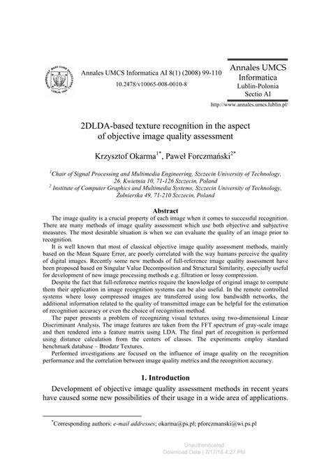 pdf 2dlda based texture recognition in the aspect of objective image