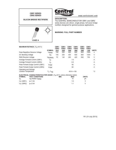 Cbr2 020 Datasheet Silicon Bridge Rectifiers Central Semiconductor