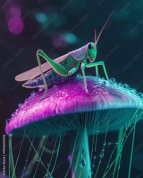 Grasshopper Sitting On The Back Of Purple Mushroom Glitter Forest Dreaming Psychedelic Colors