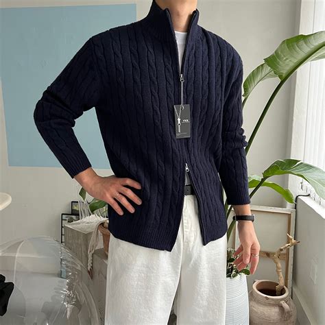 Ykk 진블 울 캐시미어 꽈배기 케이블 투웨이 니트 집업 하이넥 가디건 6color 에이블리
