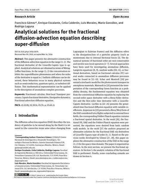 Pdf Analytical Solutions For The Fractional Diffusion Advection