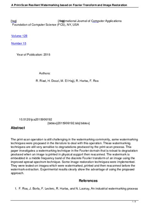 Pdf A Print Scan Resilient Watermarking Based On Fourier Transform And Image Restoration