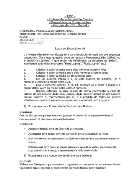 Lista De Exercícios 03 Representação De Algoritmos Com Uso De
