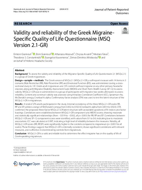 Pdf Validity And Reliability Of The Greek Migraine Specific Quality