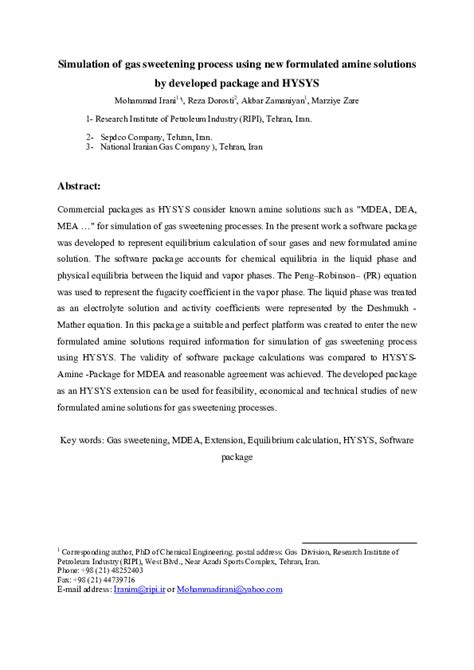 Pdf Simulation Of Gas Sweetening Process Using New Formulated Amine