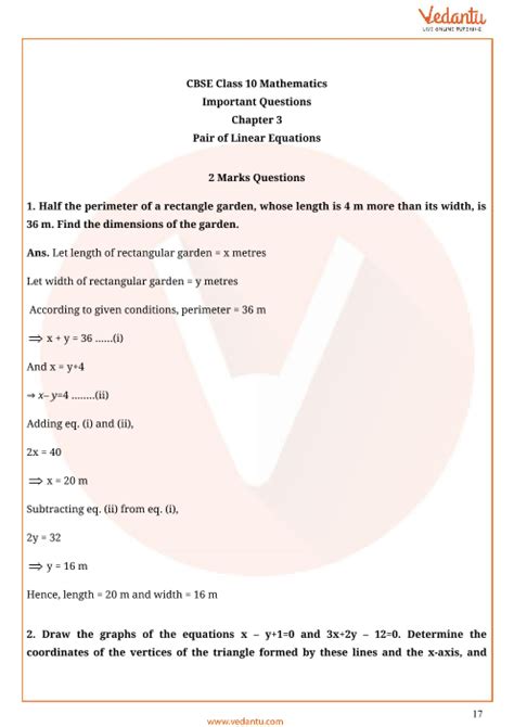 Pair Of Linear Equations In Two Variables Extra Questions With Answers