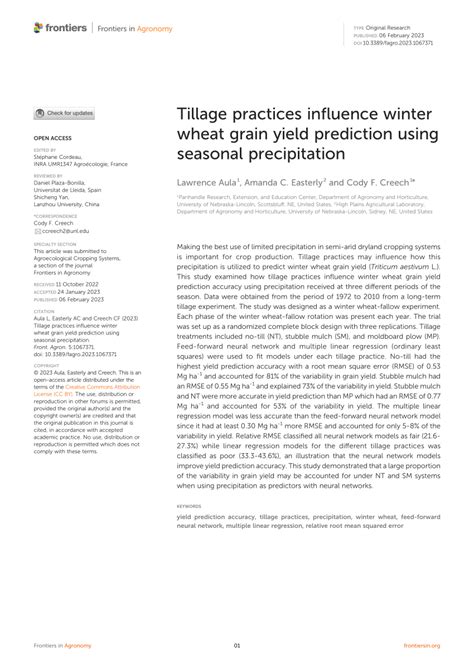 Pdf Tillage Practices Influence Winter Wheat Grain Yield Prediction