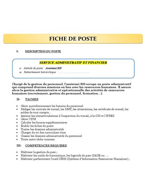 Fiche De Poste Assistante Rh Pdf