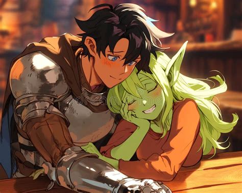 A Knight And A Goblin Girl Share A Warm Affectionate Moment In A Cozy Tavern Their Smiles