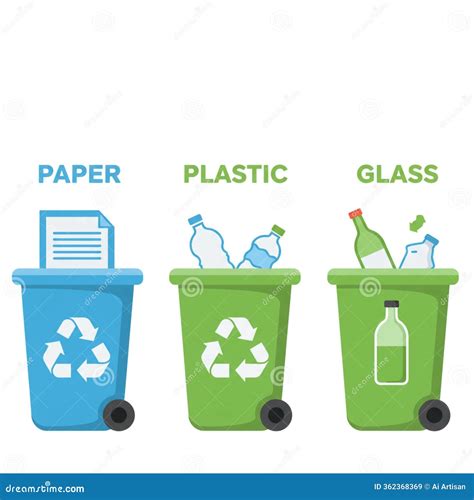 Three Recycling Bins Labeled Paper Plastic And Glass The Blue