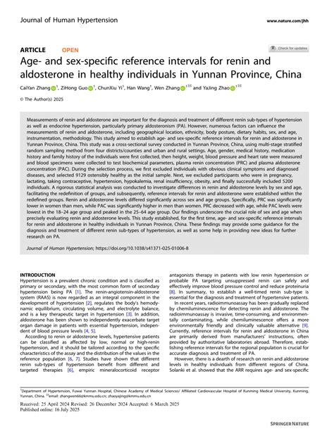 Pdf Age And Sex Specific Reference Intervals For Renin And