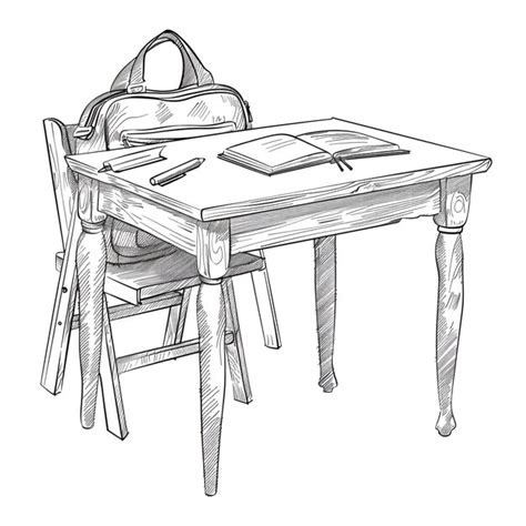 Outline Hand Writing School Table With School Bag And Book On White