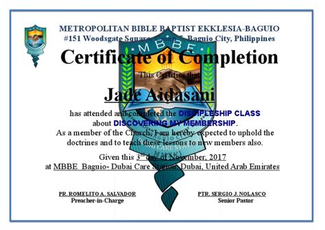 A Certificate Of Completion For Discipleship Training On Discovering