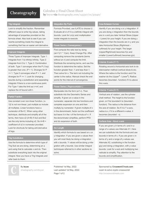 Calculus 2 Final Cheat Sheet By Bryxe 2 Pages Education Mathematics