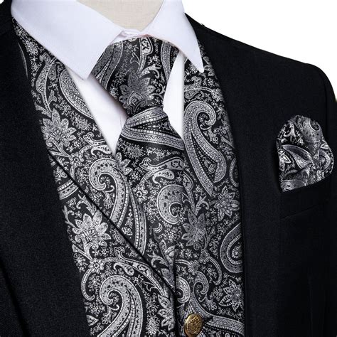 Dibangu Mens Vest Silver Grey Paisley Silk Waistcoat Suit Vest Tie Set
