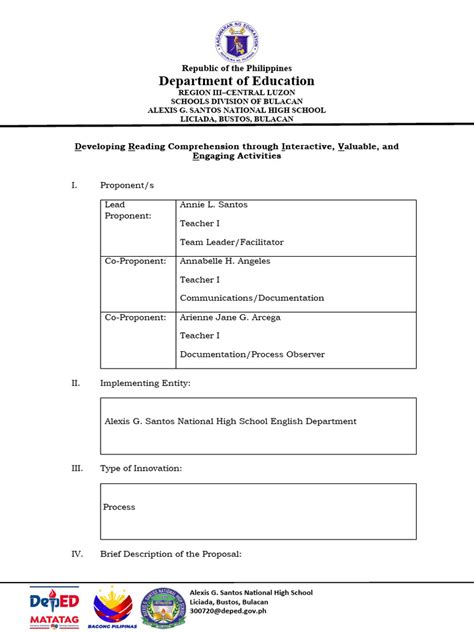 Innovation Project Proposal 2023 2024 Pdf Reading Comprehension