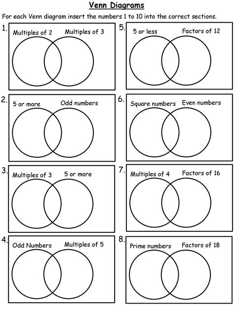 Venn Diagrams For Each Venn Diagram Insert The Numbers 1 To 10 Into The