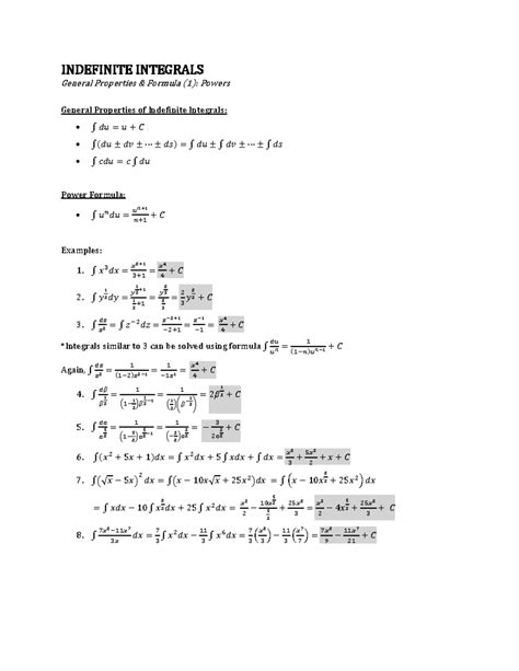 Indefinite Integrals Power Formula Indefinite Integrals General Properties And Formula 1