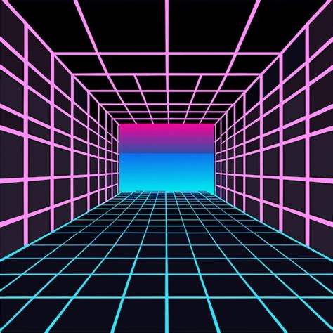 어두운 배경에 화려한 3d 와이어프레임 공간 추상 원근 그리드 벡터 그림 프리미엄 벡터