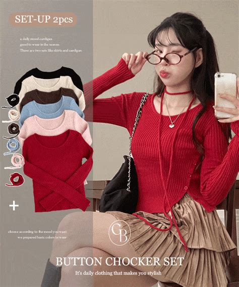 [사선트임 초커set ] 웨스턴 유넥 사선 버튼 트임 골지 초커 세트 니트 에이블리