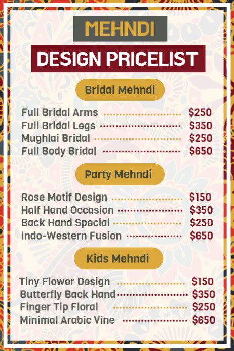 List Based Mehndi Design Pricelist Poster Templat Postermywall