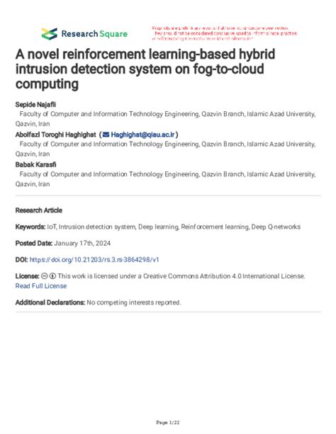 Pdf A Novel Reinforcement Learning Based Hybrid Intrusion Detection System On Fog To Cloud