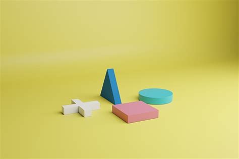 노란색 배경에 여러 가지 색상 기하학적 형태가 있는 3d 렌더링 추상적 최소 장면을 렌더링합니다 빈 쇼케이스 는 제품 프리젠