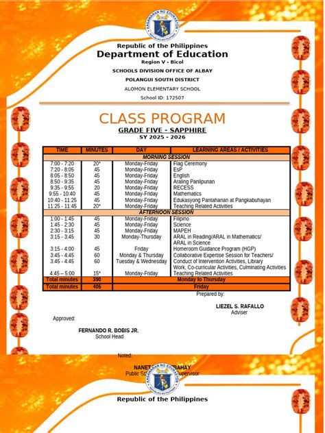 Grade 5 Class Program Sy 2025 2026 Pdf Philippines