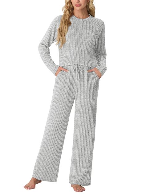 Mintreus Womens Pajama Set Long Sleeve Ribbed Knit 2 Piece