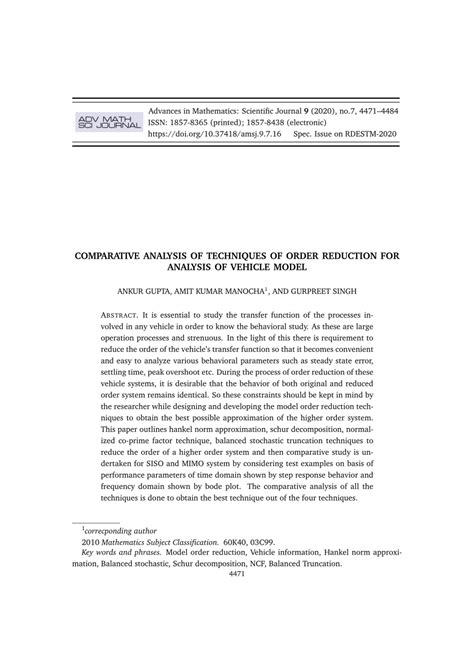Pdf Comparative Analysis Of Techniques Of Order Reduction For