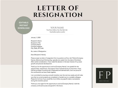Resignation Letter Template Editable Microsoft Word Etsy