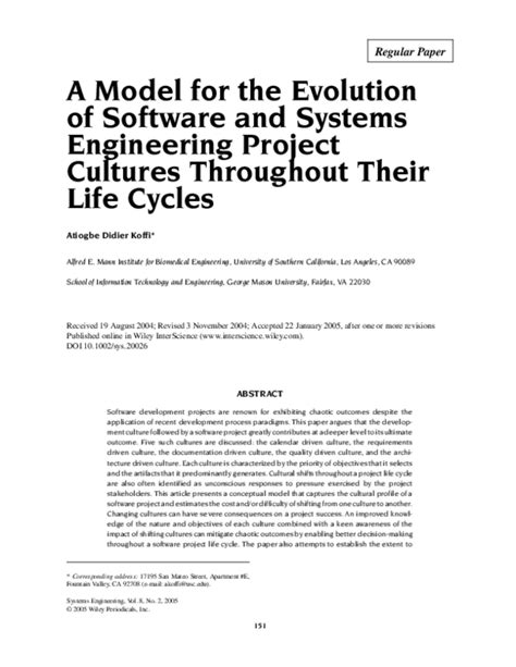 Pdf A Model For The Evolution Of Software And Systems Engineering Project Cultures Throughout