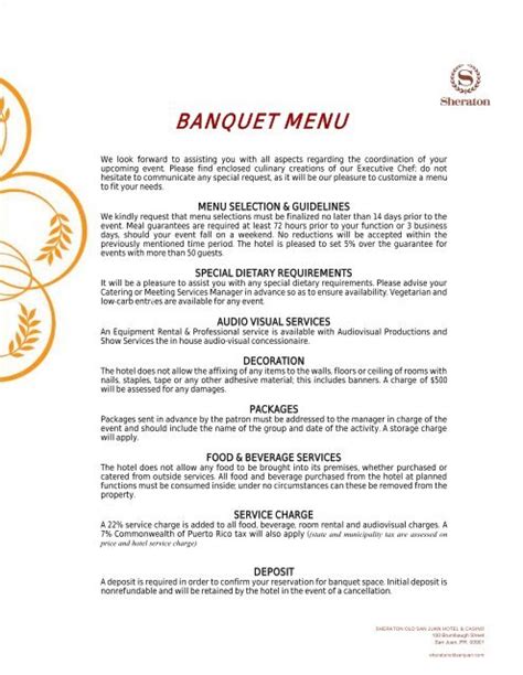 Banquet Menu Sheraton Old San Juan Hotel