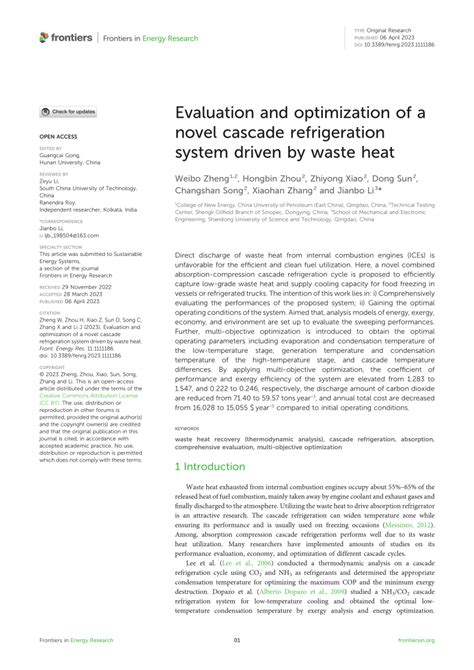 Pdf Evaluation And Optimization Of A Novel Cascade Refrigeration