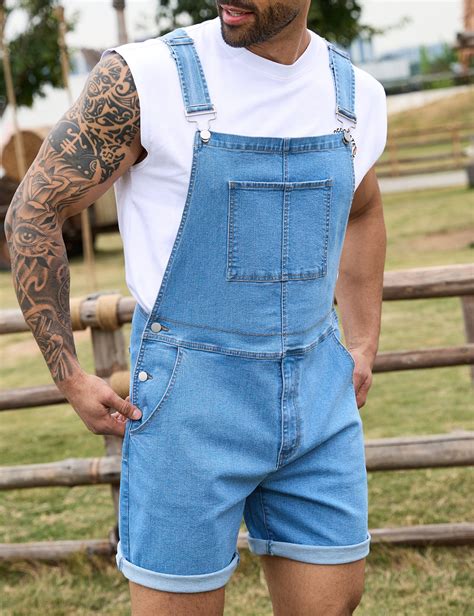 Denim Overalls For Men Jean Shorts Jumpsuit Work Bibs Coveralls With