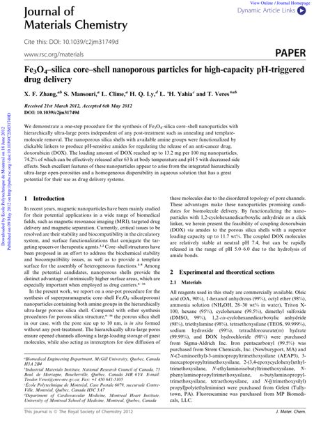 Pdf Fe3o4 Silica Core Shell Nanoporous Particles For High Capacity Ph Triggered Drug Delivery