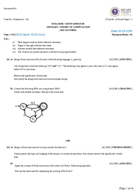 Theory Of Computation Exam Paper 21btda602 2024 25 Studocu